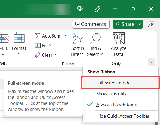 Full Screen In Excel Shortcut 