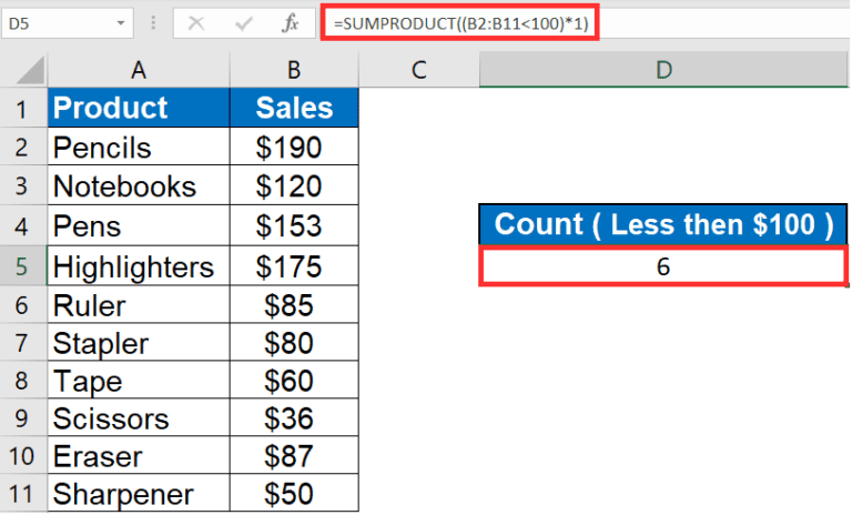 Count Cells Less than a Value in Excel (COUNTIF Formula)