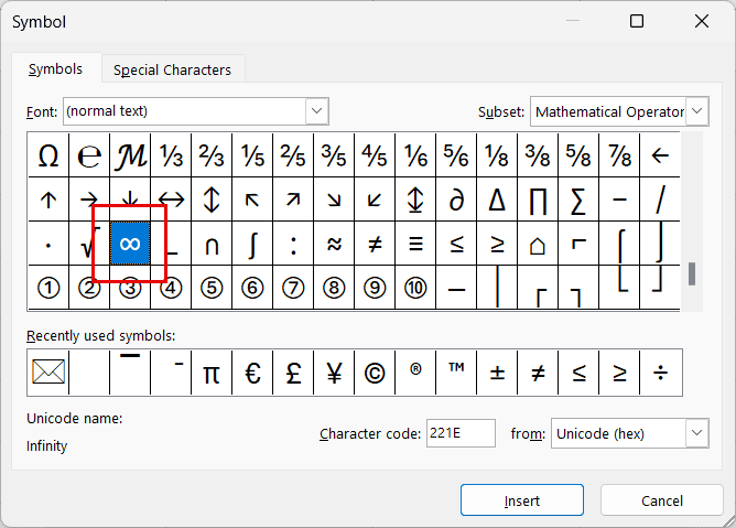 How To Insert Infinity Symbol In Excel 