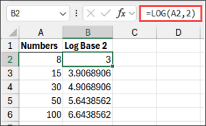 Calculate Log Base 2 in Excel